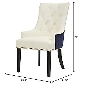 Iconic Home Cadence Dining Side Chair Button Tufted PU Leather Velvet Polished Brass Nailheads Espresso Finished Wooden Legs, Navy – White, Modern Transitional