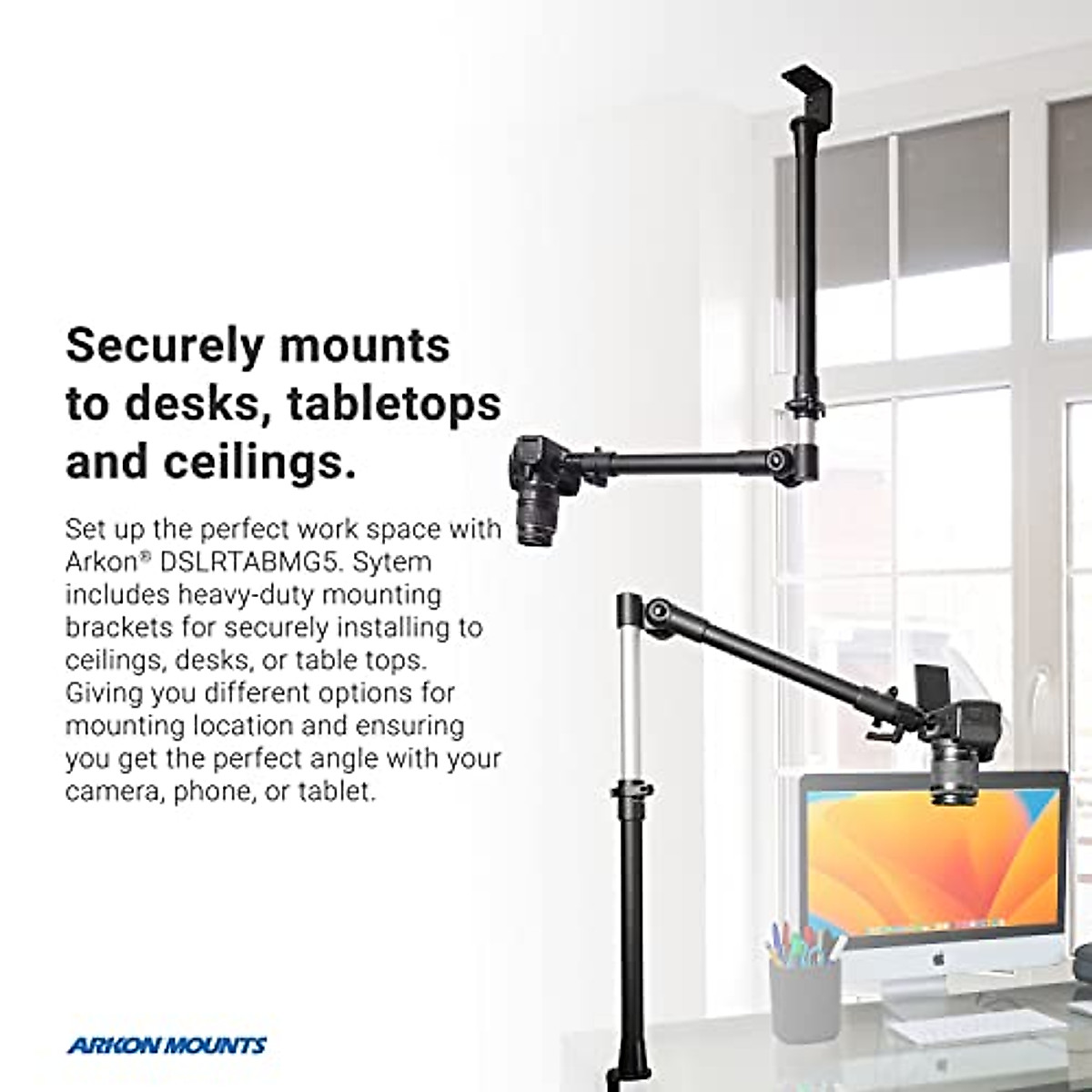ARKON Mounts Overhead Camera Mount | Includes Ceiling Mount Bracket, Phone Holder, Tablet Holder, & Camera Mount | 360° Adjustable | Durable & Super Stable Metal Mounting Base DSLRTABMG5