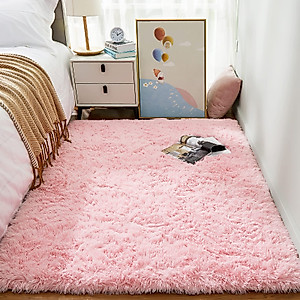 Ophanie Light Pink Area Rugs for Bedroom Girls, 4x6 Kids Fluffy Fuzzy Furry Shag Carpet, Plush Soft Cute Baby Shaggy Bedside Indoor Floor Rug for Teen Dorm Home Decor Aesthetic, Nursery