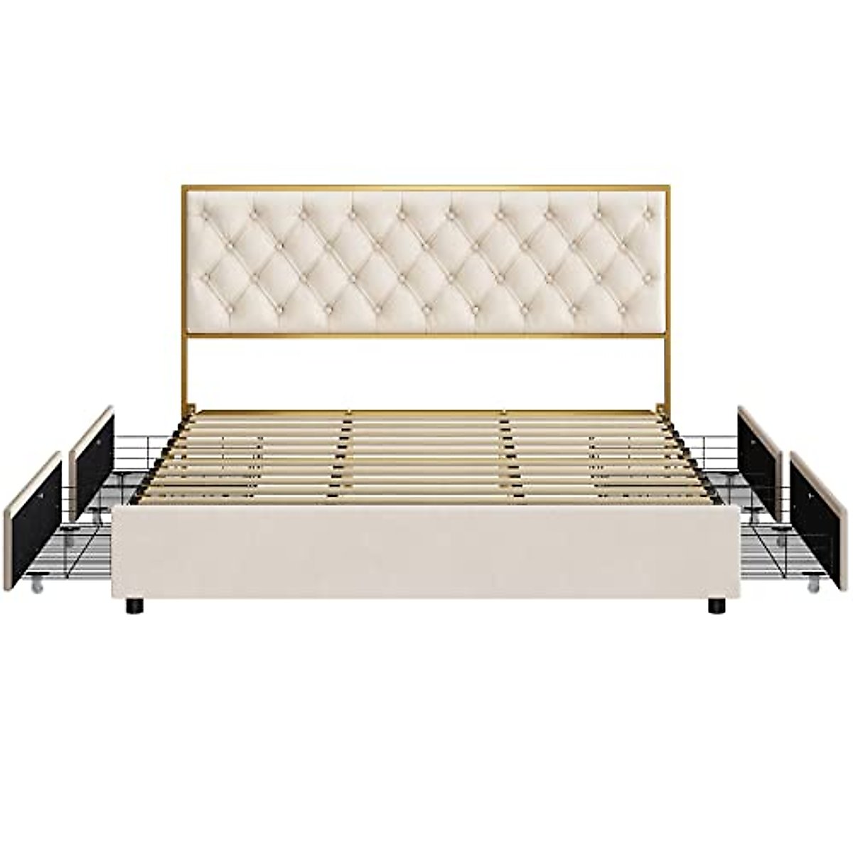HIFIT King Platform Bed Frame with 4 Storage Drawers, Upholstered with Button Tufted Headboard, Heavy Duty Mattress Foundation with Wooden Slats, No Box Spring Needed, Golden and Beige