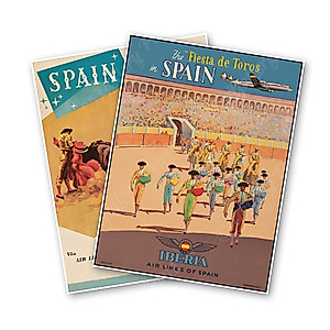 Set of two (2) Spanish Air Lines Travel Poster Prints - Fiesta de Toros Bullfighting Festival in Spain circa 1950 - each measures 12 x 16 inches
