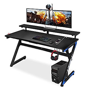 YIGOBUY Large Gaming Desk 55 Inch Computer Gaming Desk E-Sports Racing Table with with Cup Holder, Headphone Hook for Home Office, Black