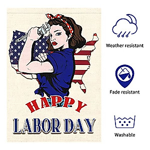 Happy Labor Day Garden Flag Celebrate Labor Day Woman Working Patriotic USA Flags 12 x 18 Double Sided Burlap Banner for Home House Outdoor Garden Yard Lawn Decor(ONLY FLAG)