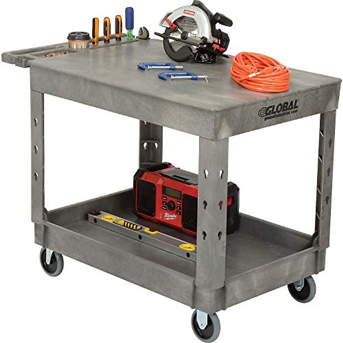 Global Industrial Plastic 2 Flat Shelf Service & Utility Cart, 44" x 25-1/2", 5" Rubber Caster
