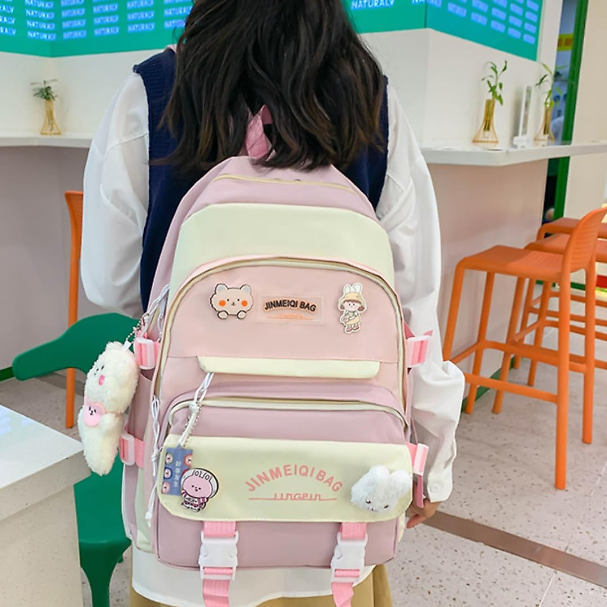 MIFJNF 5Pcs Kawaii Backpack Cute Backpack for School Aesthetic Backpack Kawaii School Supplies Backpack Set with Accessories (Pink)