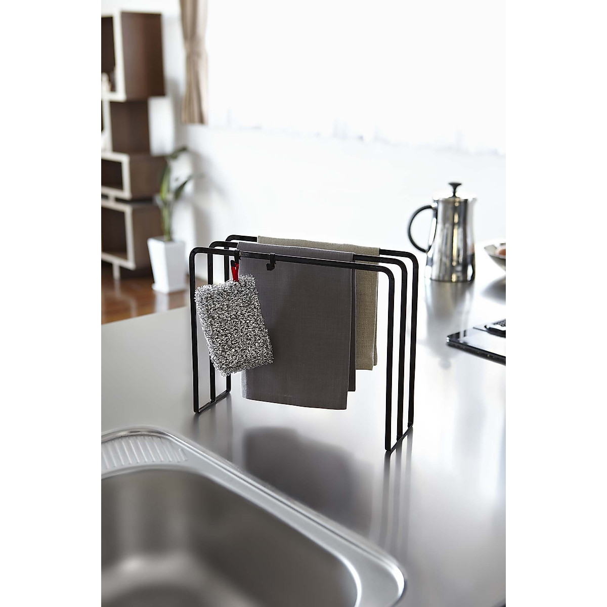 YAMAZAKI Dish Home Dishcloth Hanger | Steel | Towel Holder, One Size, Black