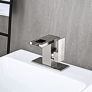 AVSIILE LED Bathroom Sink Faucet, Brushed Nickel Waterfall Single Hole Handle RV Bath Vanity Faucets for Sinks 1 Hole with Metal Pop Up Drain and 2 Water Supply Lines, Side Handle