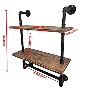 LooftMate Industrial Pipe Shelf,2 Tiered Metal Towel Racks for Bathroom,20" Industrial Pipe Floating Shelves Shelving,Rustic Wood Wall Mount Shelf with Towel Bar,Iron Towel Holder
