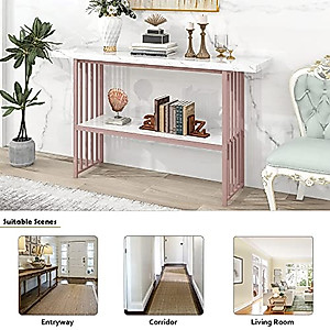 Modern 63-Inch Long Console Table Faux Marble Entry Sofa Table Metal Frame Entryway Table with Shelf for Living Room (White& Pink)