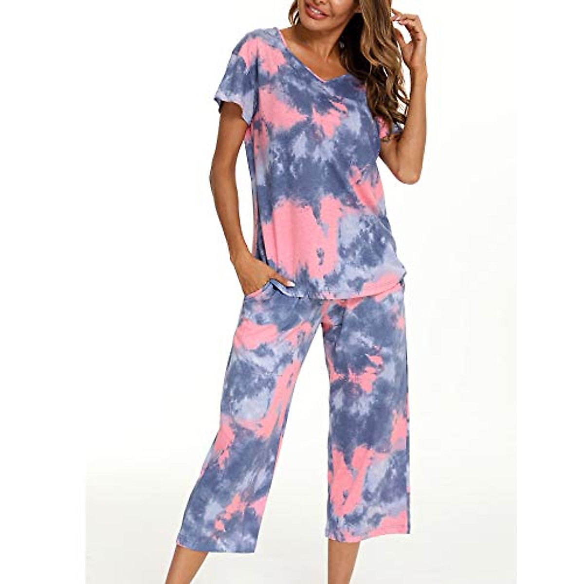 ENJOYNIGHT Women's Tie Dye Printed Pajama Sets Sleepwear Top with Capri Pants Lounge Sets with Pocket(X-Large, Blue Pink)