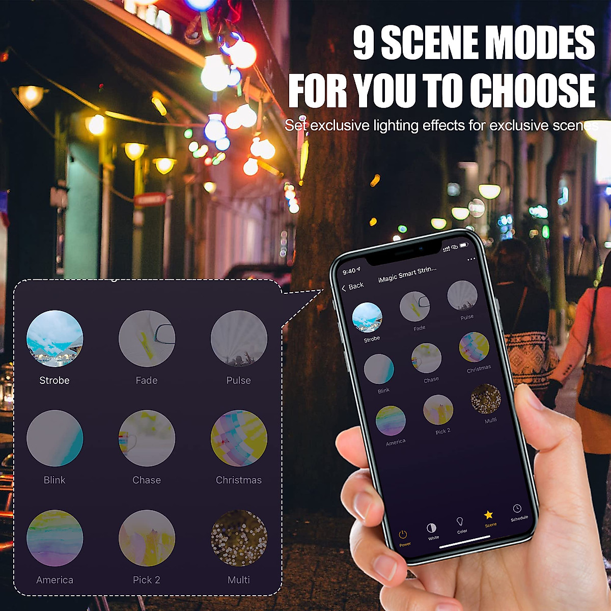 iMagic Outdoor String Lights, 98 Ft Smart RGB Patio Lights, 30 LED Bulbs Multi Color String Lights, for Alexa/Google Assistant, App Control, 2.4 GHz Only, IP65 Waterproof, Meet to U.S. Standards