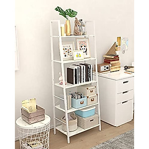 Yusong Ladder Shelf,Industrial 5-Tier Bookshelf,Free Standing Bookcase,Utility Organizer Shelves for Plant Flower,Wood Look Accent Furniture with Metal Frame for Home Office, (White)