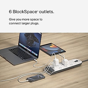 Belkin USB Power Strip Surge Protector - 12 AC Multiple Outlets & 2 USB Ports - 6 ft Long Flat Plug Extension Cord for Home, Office, Travel, Computer Desktop & Charging Brick - White (3,996 Joules)