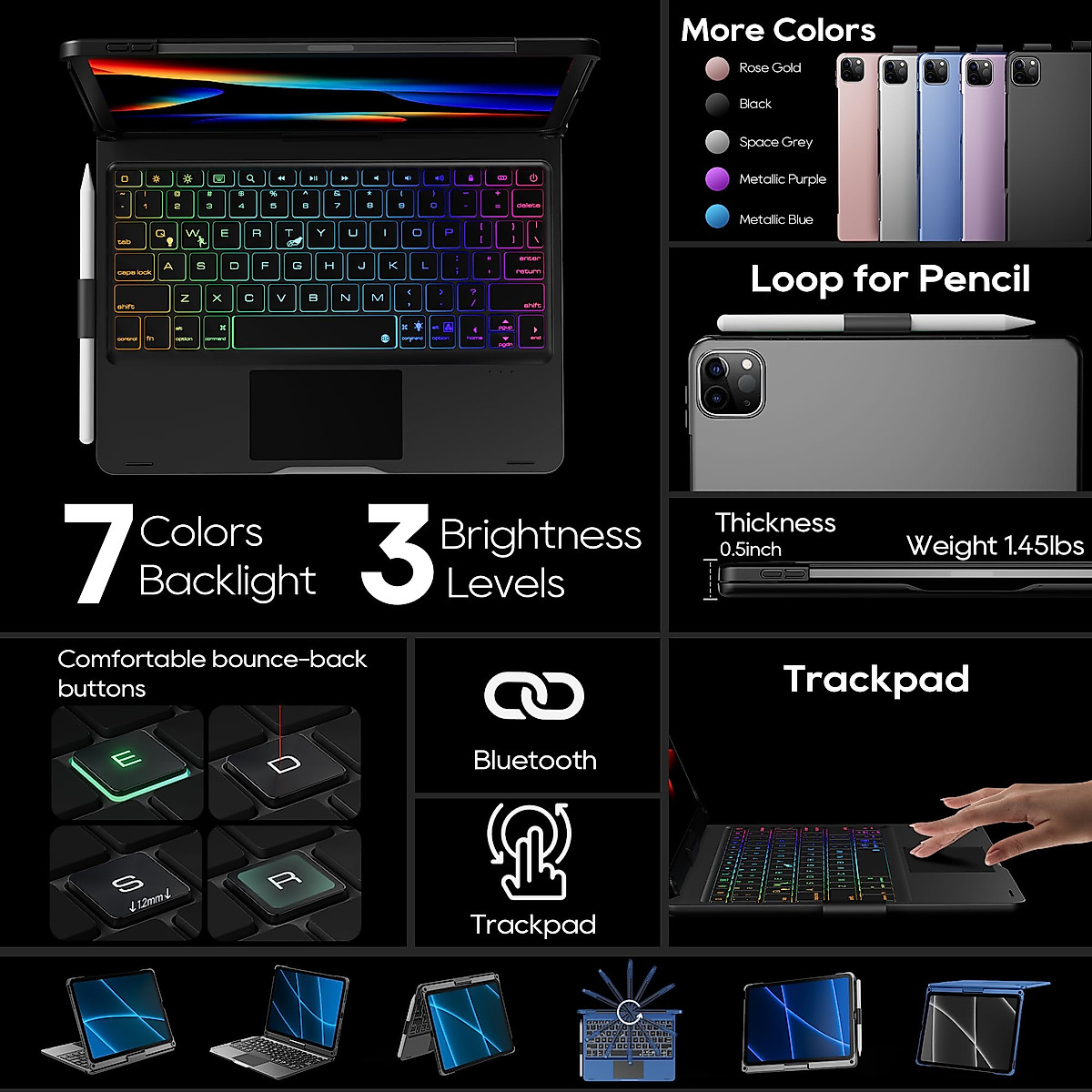 pekarejue Wireless Keyboard Case for Apple iPad Air 11-inch M2 2024 & iPad Air 5th 4th & iPad Pro 11 (4th,3rd,2nd,1st Generation): 360° Rotatable, Pencil Holder, Trackpad, Backlight, Graphite