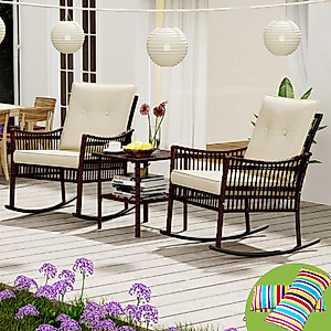 BALDPER 3 PCS Patio Conversation Chair Set with Coffee Table, Rocking Bistro Set, Outdoor Rocking Chairs Set, Wicker Furniture for Porch Deck Garden Poolside, Beige