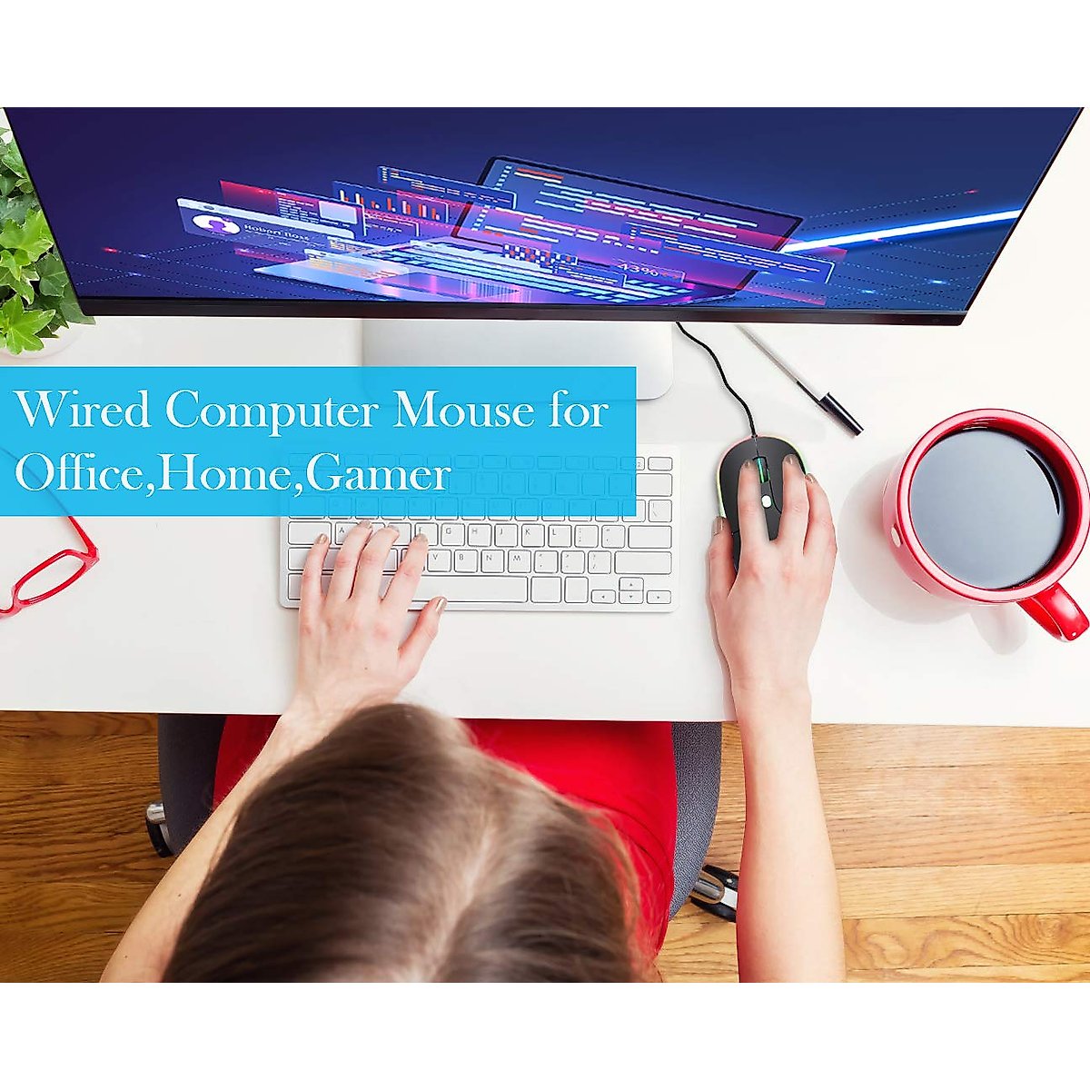 Wired Mouse, Mouse for Laptop with Easy Click for Office, Home, Gamer, 3200DPI, Programmable Buttons, USB LED Backlit Mice Wired Computer Mouse Compatible with Laptop, PC, Desktop, Black