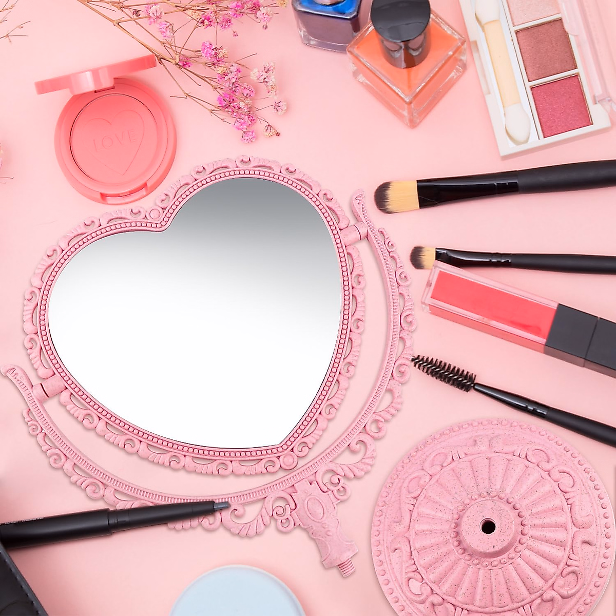 QEEYON Pink Heart Vanity Mirror - 360 Degree Swivel Makeup Double Sided Table Desk Countertop Stand for Dresser Bathroom Bedroom - Aesthetic Cosmetic Mirror for Women Girls