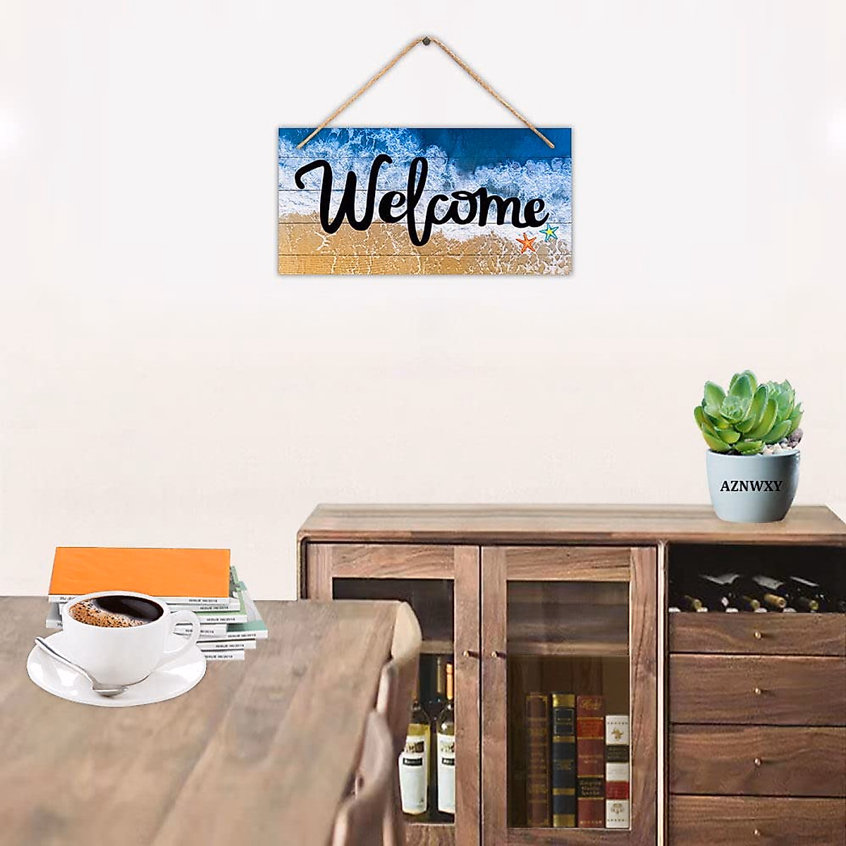 Welcome Hanging Wooden Sign - Welcome Wall Sign, Beaches and Starfish Door Sign, Ocean Theme Plaque Decoration