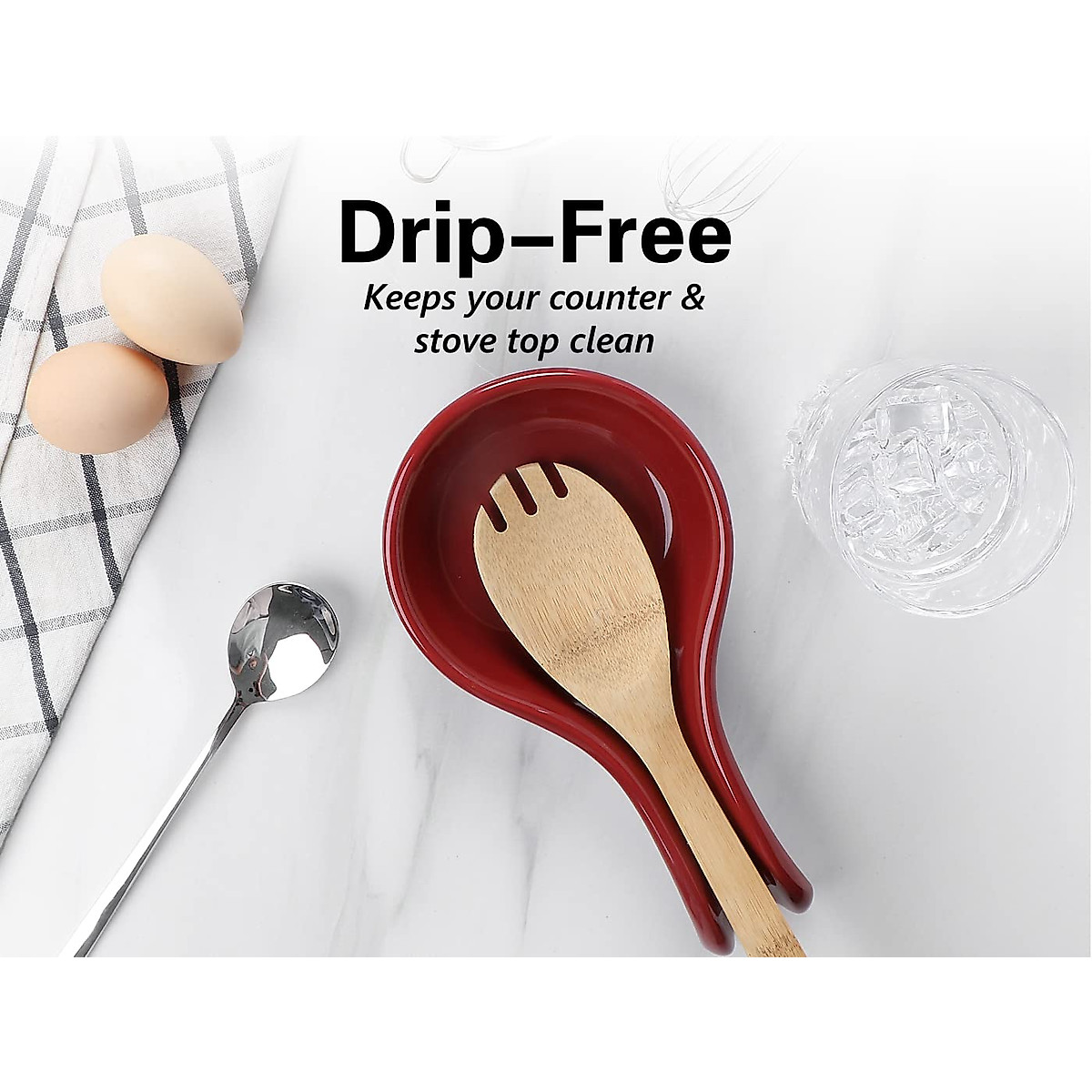 ONEMORE Ceramic Spoon Rest for Stove Top - Extra Wide Heat-Resistant Ladle Holder for Kitchen Counter Utensils/Tools - Large, Red