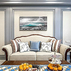 Framed Wall Art Canvas Ocean Decor Beach Theme Bedroom Large Sunset Blue Ocean Waves Seagulls Panels for Interior Bathroom Wall Décor Scenery Bed Dining Room Peel And Stick Decorative 24"x48"