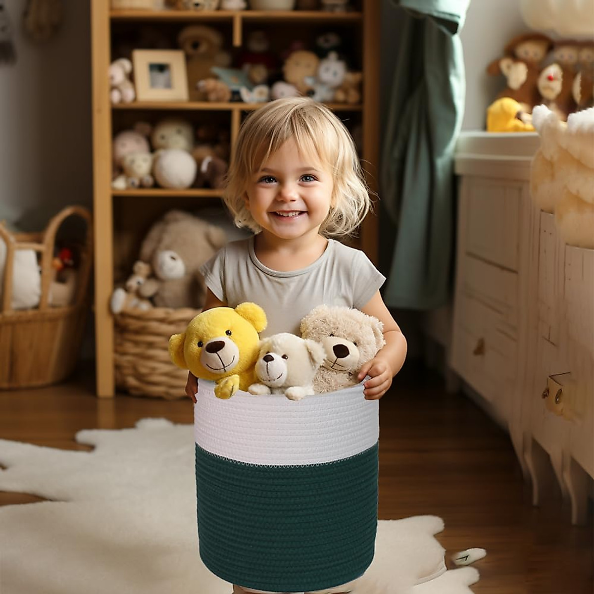 Yimi's Dream Basket with Lid, Medium Woven Baskets for Storage and Organizing, Small Cotton Rope Basket with Handle for Baby Gifts, Laundry, Toy (12''D * 13.5''H, Green & White)