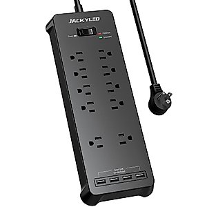 Power Strip,JACKYLED 10 Widely Spaced Outlets Surge Protector with 4USB Ports,1875W/15A,2100 Joules,5Ft Flat Plug Heavy Duty Extension Cord,Wall Mountable Outlet Extender for Home,ETL Listed Black
