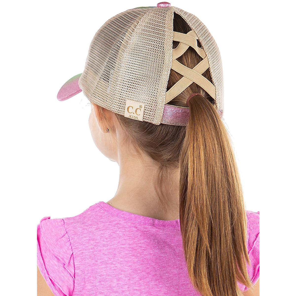 Funky Junque Kids Criss Cross Messy Bun Ponytail Hat - Pink Multi Ombre Glitter w/mesh