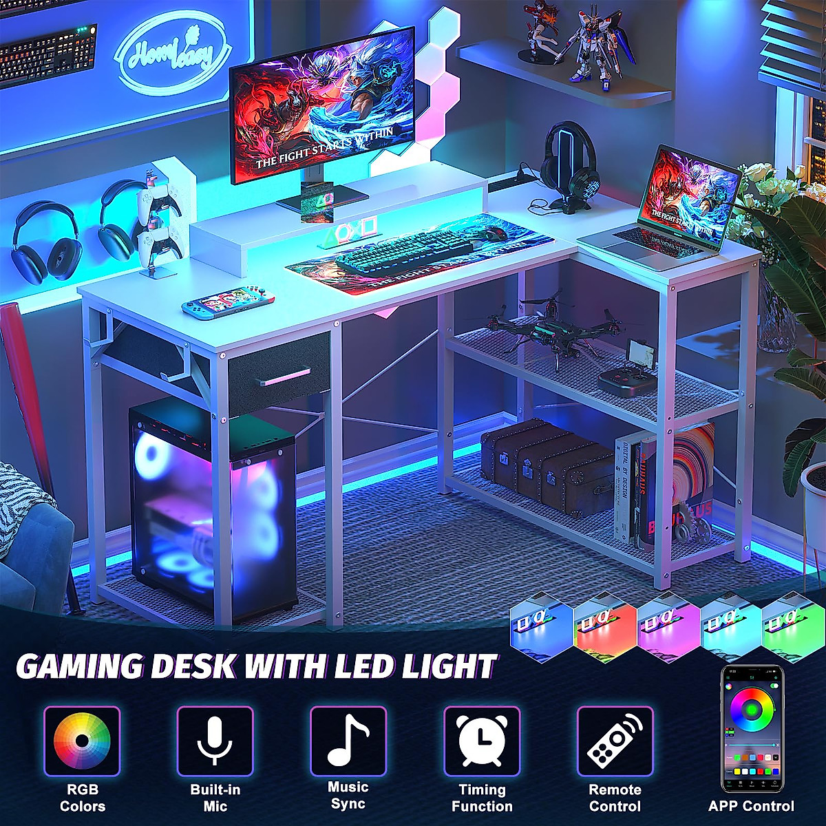 Homieasy L Shaped Desk with Monitor Stand & Drawer, Corner Gaming Desk with LED Strip & Power Strip, Modern Simple Home Office Computer Desk with Storage Shelves, Grey