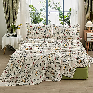 Floral Sheet Set Full Size, Flower Botanical Bedding Sheets with 1 Floral Flat Sheet, 1 Flower Fitted Sheet, 2 Pillowcases, Pastoral Style French Country Bed Sheets