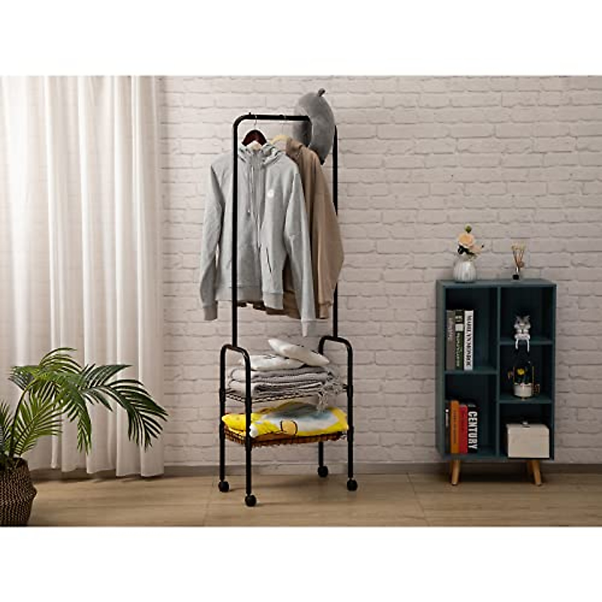 MATICO 2-in-1 Metal Garment Rack with Clothes Hanger, 2 Tier Wire Coat Storage Organizers Laundry Holders with 1 Metal Shelf and 1 Basket for Home and Dormitory, Black