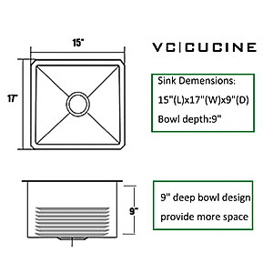 VCCUCINE Black Bar Sink, 15x17 Inch Small Bar Sink,Undermount Wet Bar Sink Small Rv Sink, T-304 Stainless Steel Kitchen Sink with Sink Protector and Drain Assembly…