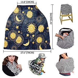 Car Seat Canopy Nursy Cover Zodiac Sign, Multi Use Breastfeeding Scarf for Infant Carseat Canopy Stroller Shopping Cart Highchair Boho Celestial Bodies Gold Sun Moon and Stars Ancient Pattern