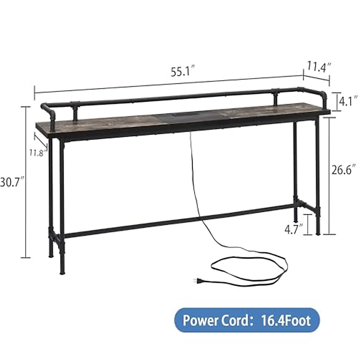 VECELO Narrow Console/Sofa Table with Power Outlet, Long Behind Couch Furniture for Entryway, Hallway, Living Room, Grey Oak