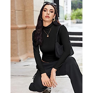 Ekouaer Women's Turtleneck Long Sleeve Shirts Fall Fashion Lightweight Base Layer Solid Slim Fit Thermal Underwear Tops Black XL