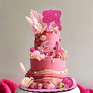 Hot Pink Girl Cake Toppers with Pink and Gold Butterfly Balls Cake Topper for Wedding Baby Shower Anniversary Girl Birthday Themed Party Supplies (Style 1)