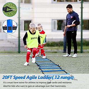 Haootadiy Agility Training Equipment, Football Training Equipment Includes 20FT Agility Ladder,4 Adjustable Agility Hurdles, 12 Football Cones, Parachute, for Training Soccer Basketball Athletes（Blue）