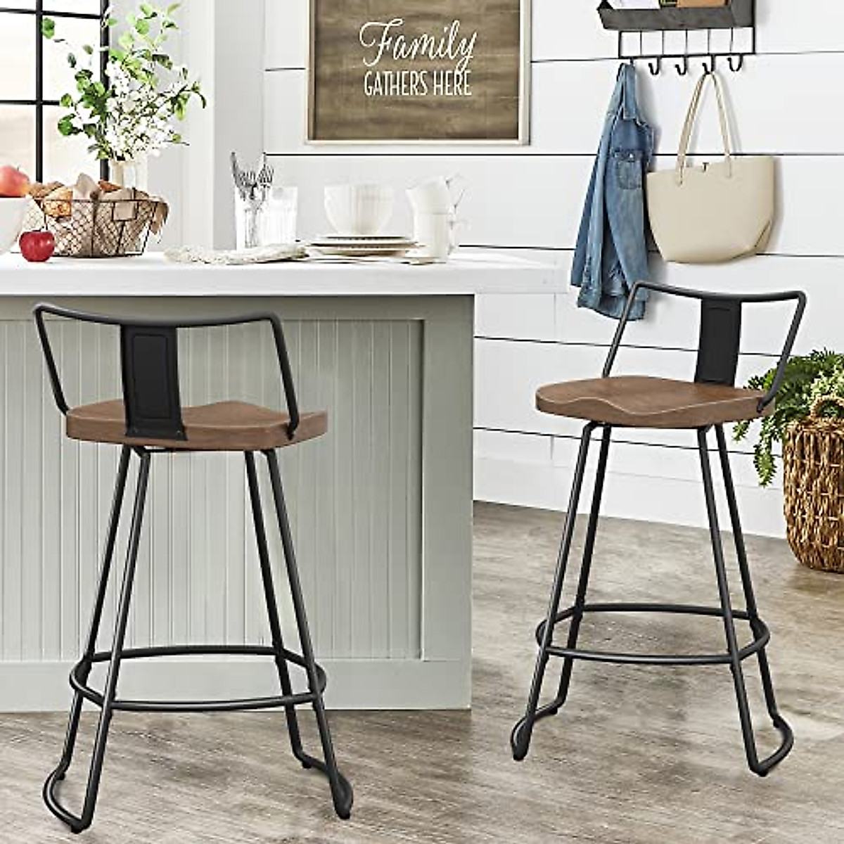 Yongqiang 24" Swivel Metal Bar Stools with Backs Set of 2 Industrial Kitchen Dining Bar Chairs with Wood Seat Matte Black
