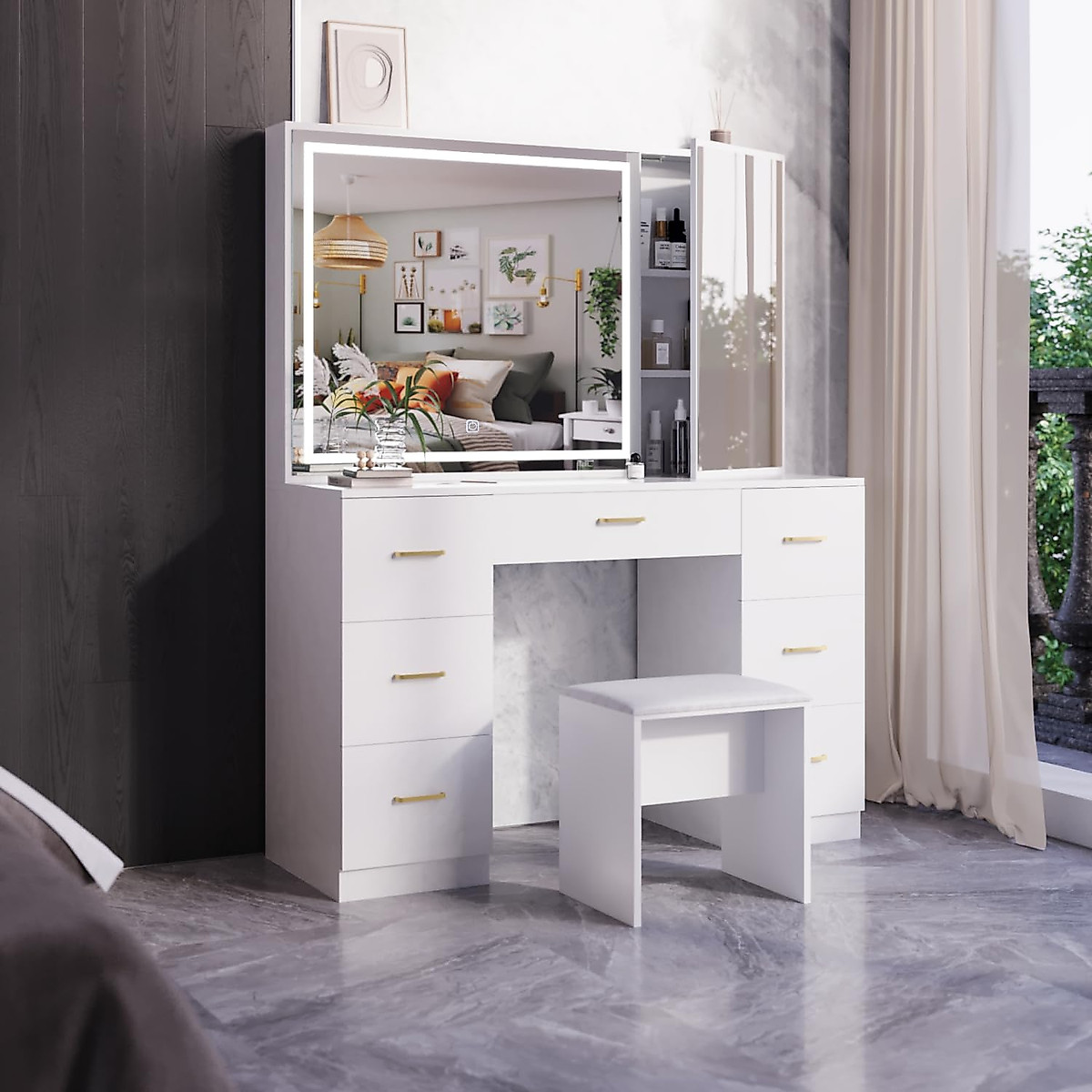 Jartoil Large Lighted Vanity Desk with Stool, 7-Drawers Makeup Vanity with Mirror,Adjustable Brightness, White Bedroom Vanity Set