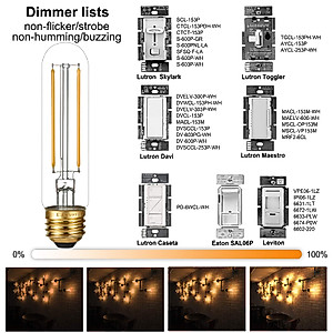 LiteHistory Dimmable E26 LED Bulb 4W Equal 40 Watt Warm White 2700K E26 Edison AC120V 400lm Tubular T9 T10 LED Light Bulb for Rustic Pendant,Chandeliers,Wall sconces 6Pack