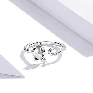 Qings Lovely Cat Adjustable Ring 925 Sterling Cubic Zirconia Animal Ring Silver Simple Cute Pet Kitty Wrap Stackable Statement Wedding Engagement Finger Rings Fashion Jewelry Gifts for Women
