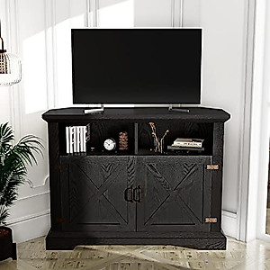 Allewie Farmhouse Corner TV Stand for TVs up to 50 Inches, 44'' Entertainment Center with Adjustable Storage Shelves, Buffet Cabinet for Living Room and Bedroom, Black Oak
