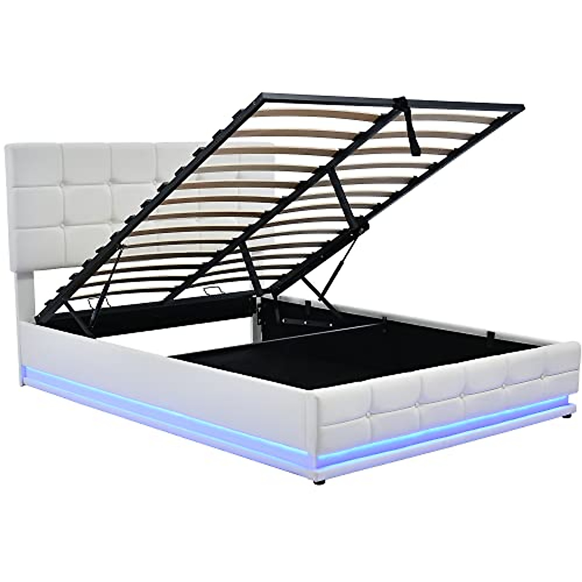 Bellemave Queen Lift Storage Bed with LED Lights and USB Charger, PU Upholstered Queen Platform Bed with Hydraulic Storage System for Kids Teens and Adults, No Box Spring Needed (Queen, White)