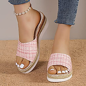 Womens Platform Wedge Sandals Espadrilles Braided Open Toe Slip On Summer Mule High Heels Summer House Slippers (Pink, 7)