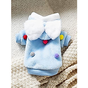 QWINEE Bow Decor Dog Plush Hoodie Polka Dot Cute Cat Puppy Costume Small Medium Dog Warm Coat Kitten Hooded Sweatshirt Blue S