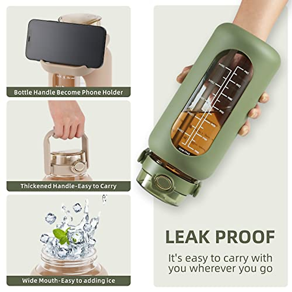 SIEROZUR 64oz Glass Water Bottle with Straw and Handle Lid Half Gallon Motivational Glass Bottle with Silicone Sleeve and Time Marker Large Reusable Sports Water Jug for Gym Home Workout