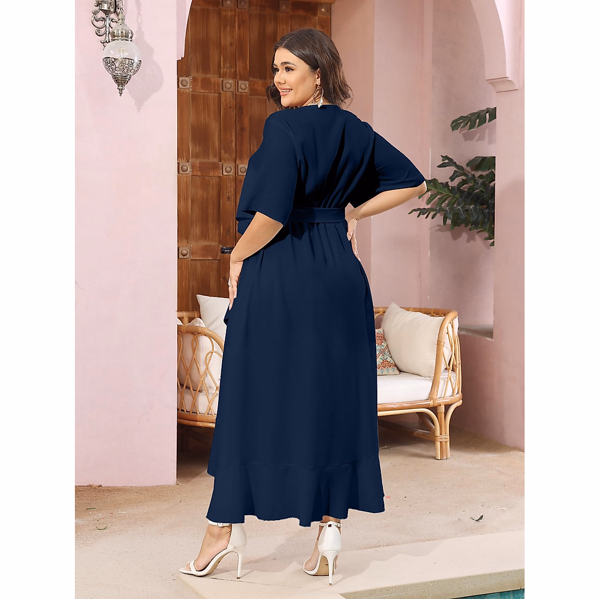 SCOMCHIC Women Plus Size Maxi Dress Short Sleeve Wrap V Neck High Low Split Ruffle Long Dress Navy Blue