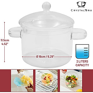 2L Clear Glass Simmer Pot with Lid & Strainer – Heat-Resistant Borosilicate Cooking Pot for Pasta, Soup, Baby Food, Milk – Electric Simmer Pot for Home Fragrance – Anti-Scald Handles