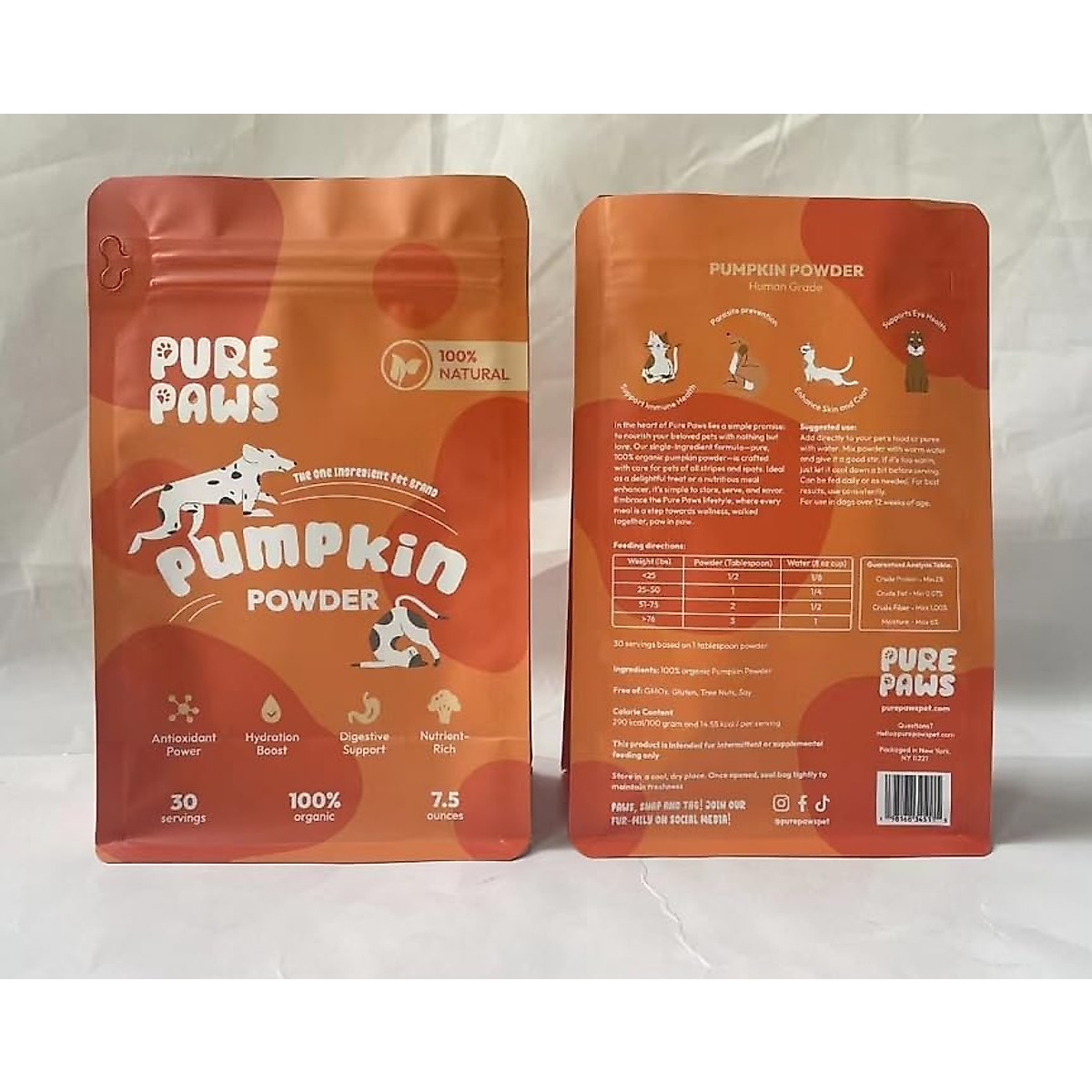 Pure Paws Organic Pumpkin Powder for Dogs, Puppies, Cats, and Kittens: Your Pet's Essential Digestive Supplement 7.5oz