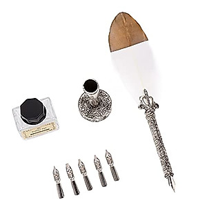 Feather Pen and Ink Set, Glittering Quill Pen Set Antique Calligraphy Dip Pen with Ink, 2 Replacement Nibs, Pen Stand Base, Luxury Vintage Signature Pen