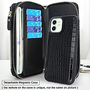 Lacass Dual Zipper Leather Wallet Case Card Slots [Cards Theft Scan Protection] Detachable Magnet Phone Cover Money Pocket Crossbody Chain Lanyard for iPhone 12/12 Pro (Black)